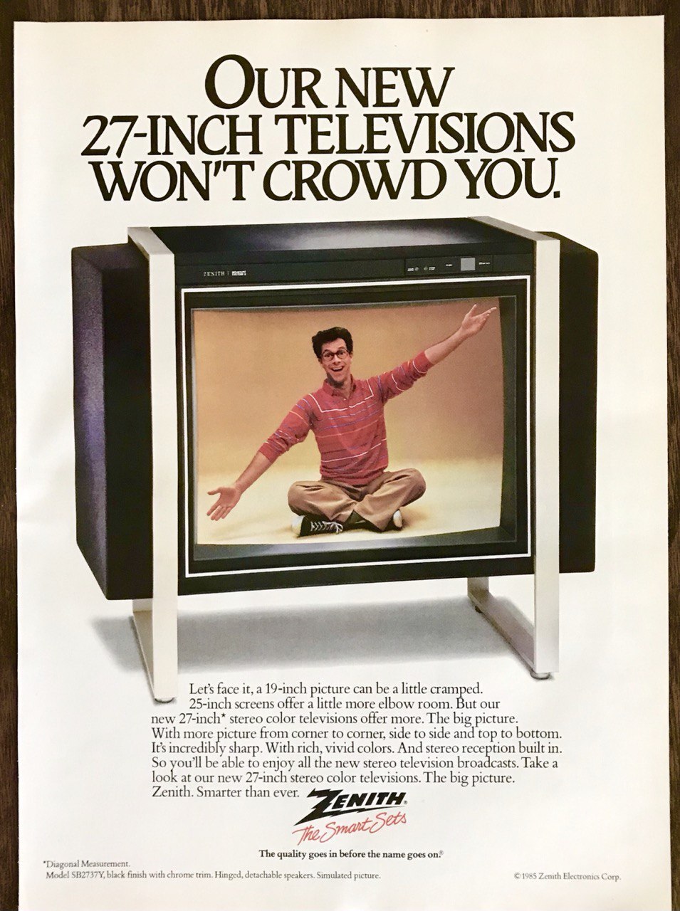 1985 Zenith Television PRINT AD Our New 27 Inch TVs Won't Crowd You | eBay
