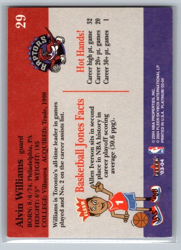 2003 Fleer Platinum Basketball #29 Alvin Williams Toronto Raptors | eBay