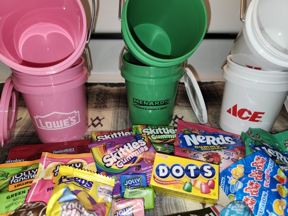 Mini buckets filled w/candy Ace .5, Lowe's .4, Menards .4 qt, lids ...