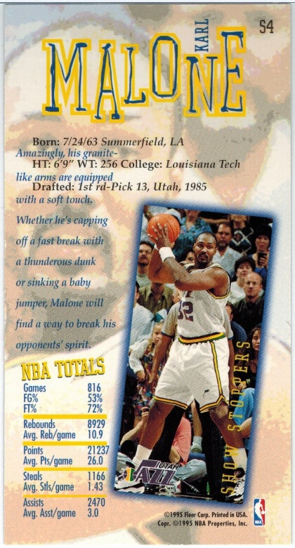 1995-96 Jam Session Show Stoppers #4 Karl Malone, Utah Jazz, very rare ...