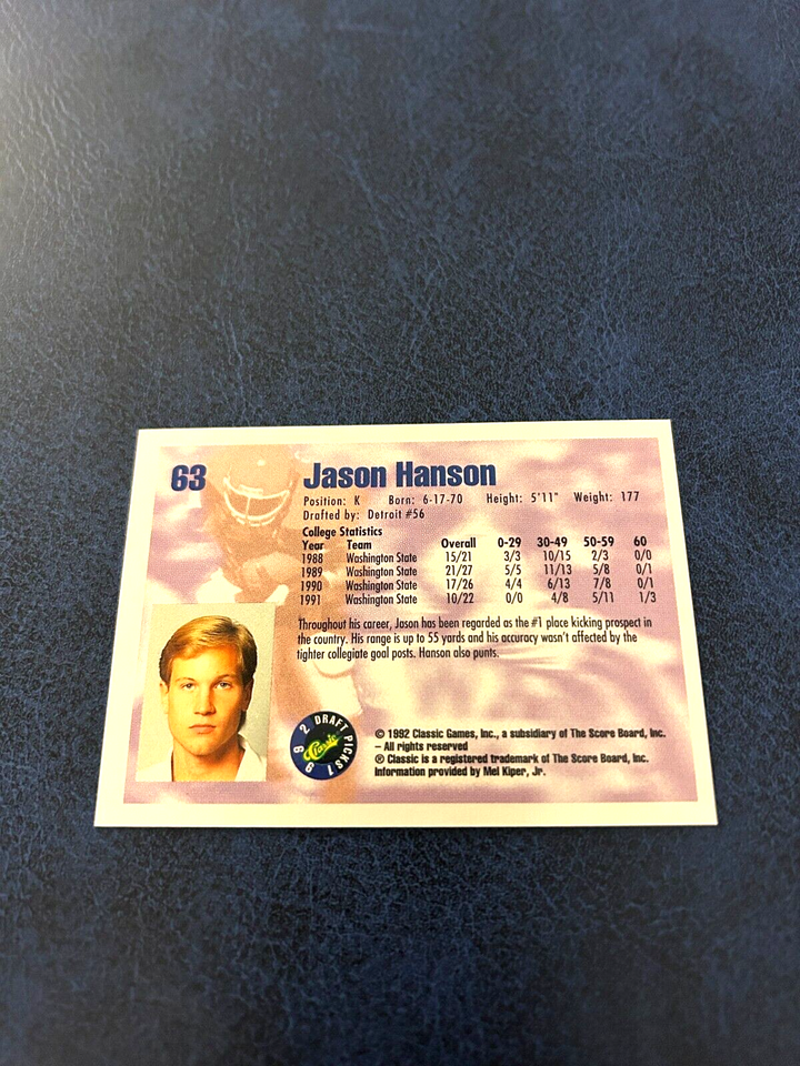 1992 Classic Draft Picks Football Jason Hanson Rookie Card #63 NM | eBay