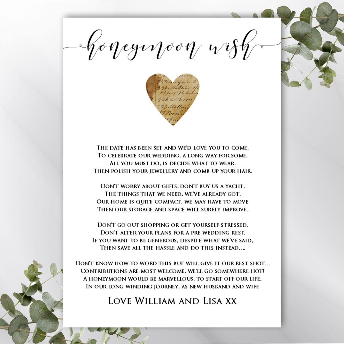 Honeymoon Poems And Verses Metallic Hearts Foil Gift Poem Cards