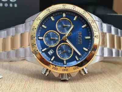 New Boss Mens Watch Stainless Steel SILVER GOLD Blue Style 1513767 UK ...