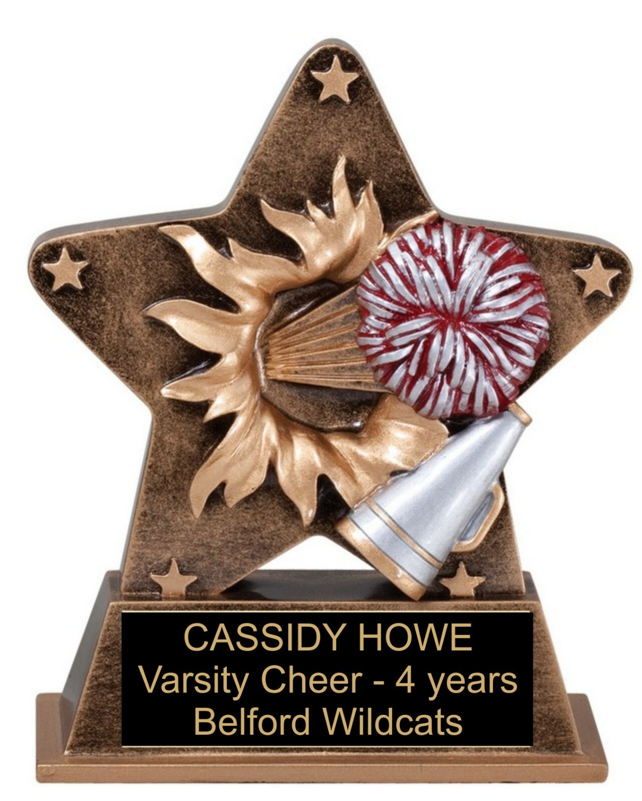 CHEERLEADING POM POM MEGAPHONE STAR GOLD RESIN TROPHY GIFT 5.5" AWARD ...
