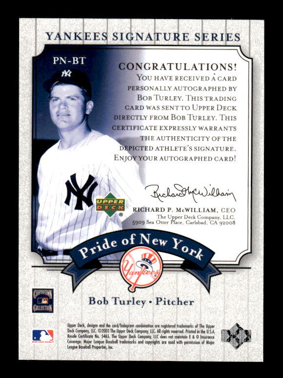 2003 Upper Deck Yankees Signature Pride of New York Auto Bob Turley ...