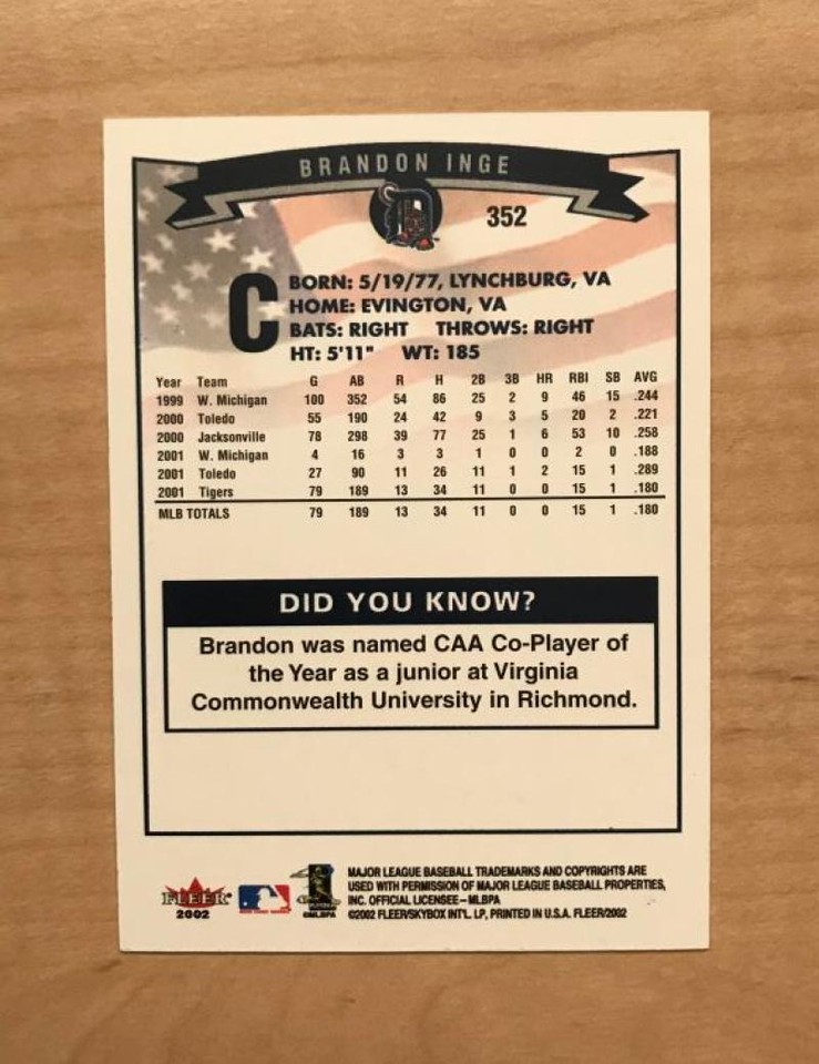 BRANDON INGE DETROIT TIGERS SIGNED AUTOGRAPHED 2002 FLEER CARD #352 W ...