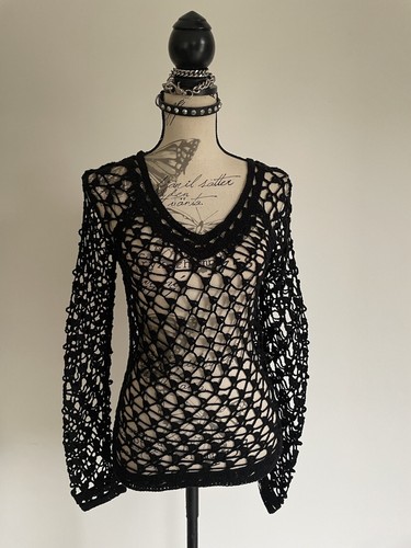 Vintage 90s Punk Goth Black Fishnet Knit Knitted Hole Long Sleeve ...
