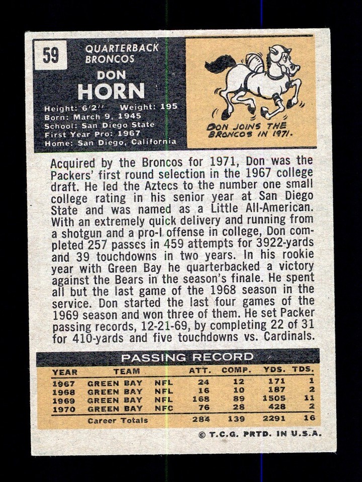 1971 TOPPS FOOTBALL #59 DON HORN DENVER BRONCOS | eBay