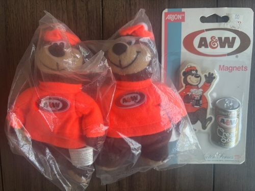 Vintage A&W Root Beer Mascot Bear 6" Stuffed Bean Bag Plush x2 SEALED w ...