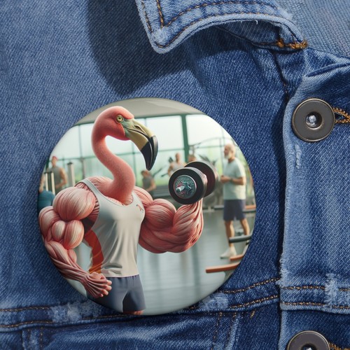Custom Pin Button Badge Pinback A Flamingo Bodybuilder Lifting Weights ...