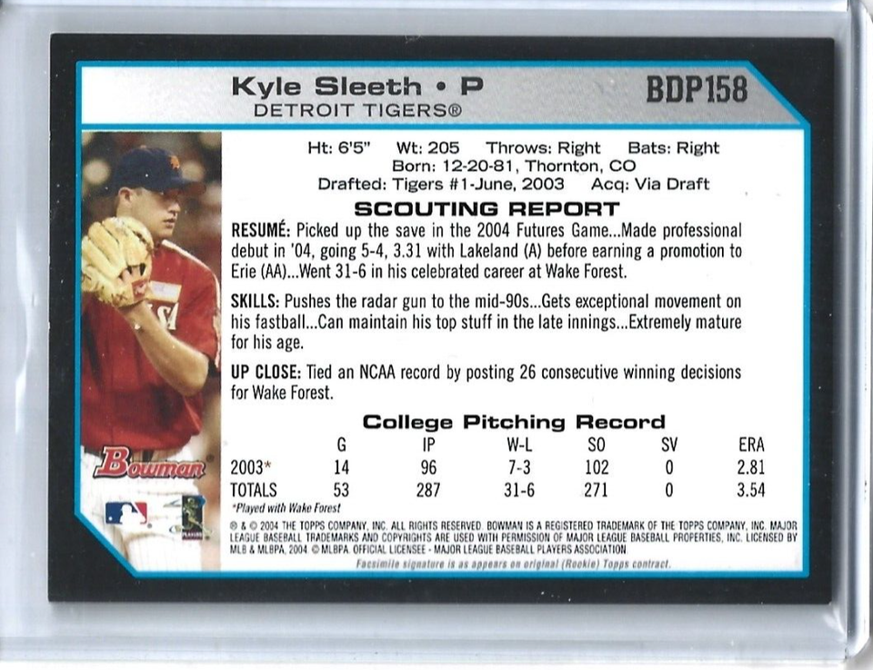 2004 Bowman Draft Futures Game Jersey Relic #158 Kyle Sleeth-Tigers | eBay