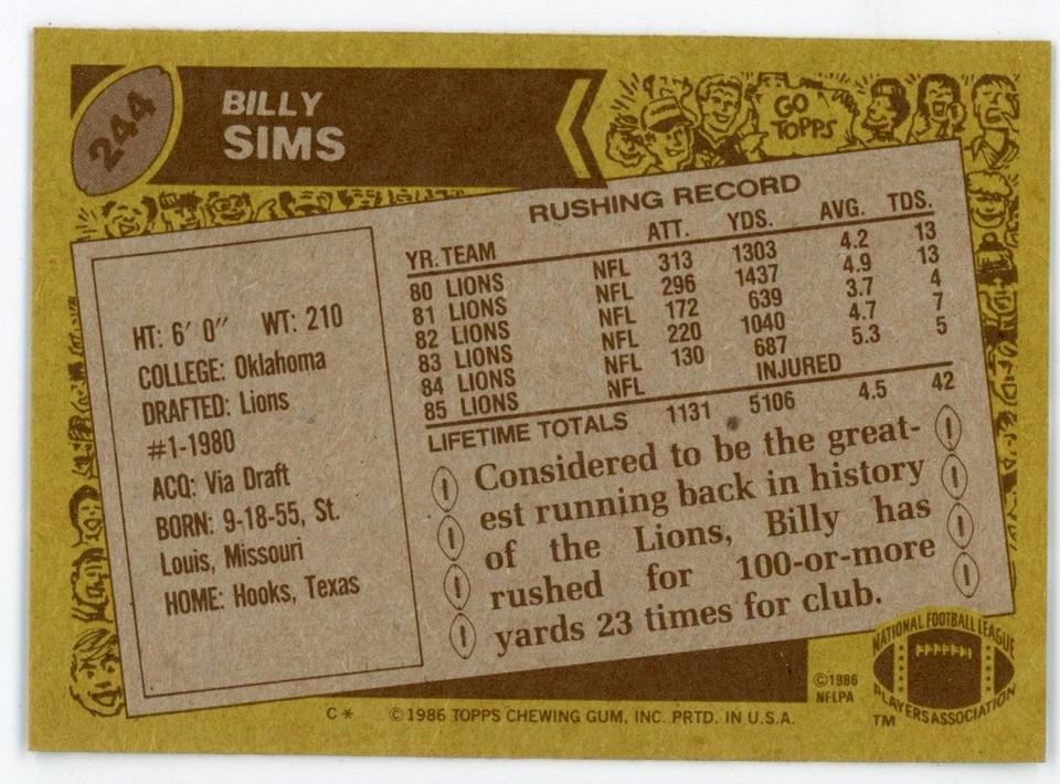 1986 Topps Football #244 Billy Sims - Detroit Lions | eBay