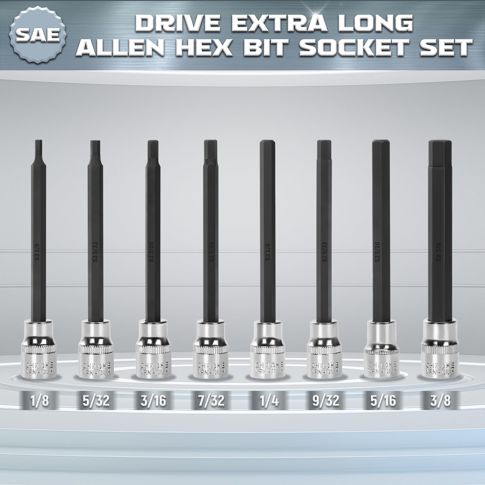 19-Piece 3/8 Inch Drive Extra Long Allen Hex Bit Socket Set Standard ...