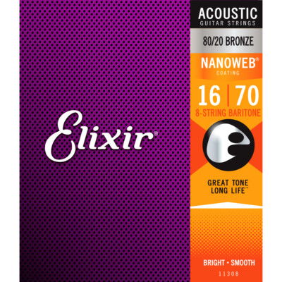 Elixir 11308 80/20 Bronze w/ Nanoweb Acoustic Guitar Strings, 8-String ...