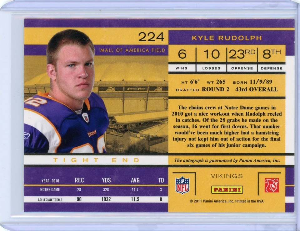 2011 Playoff Contenders Rookie Auto #224 Kyle Rudolph | eBay