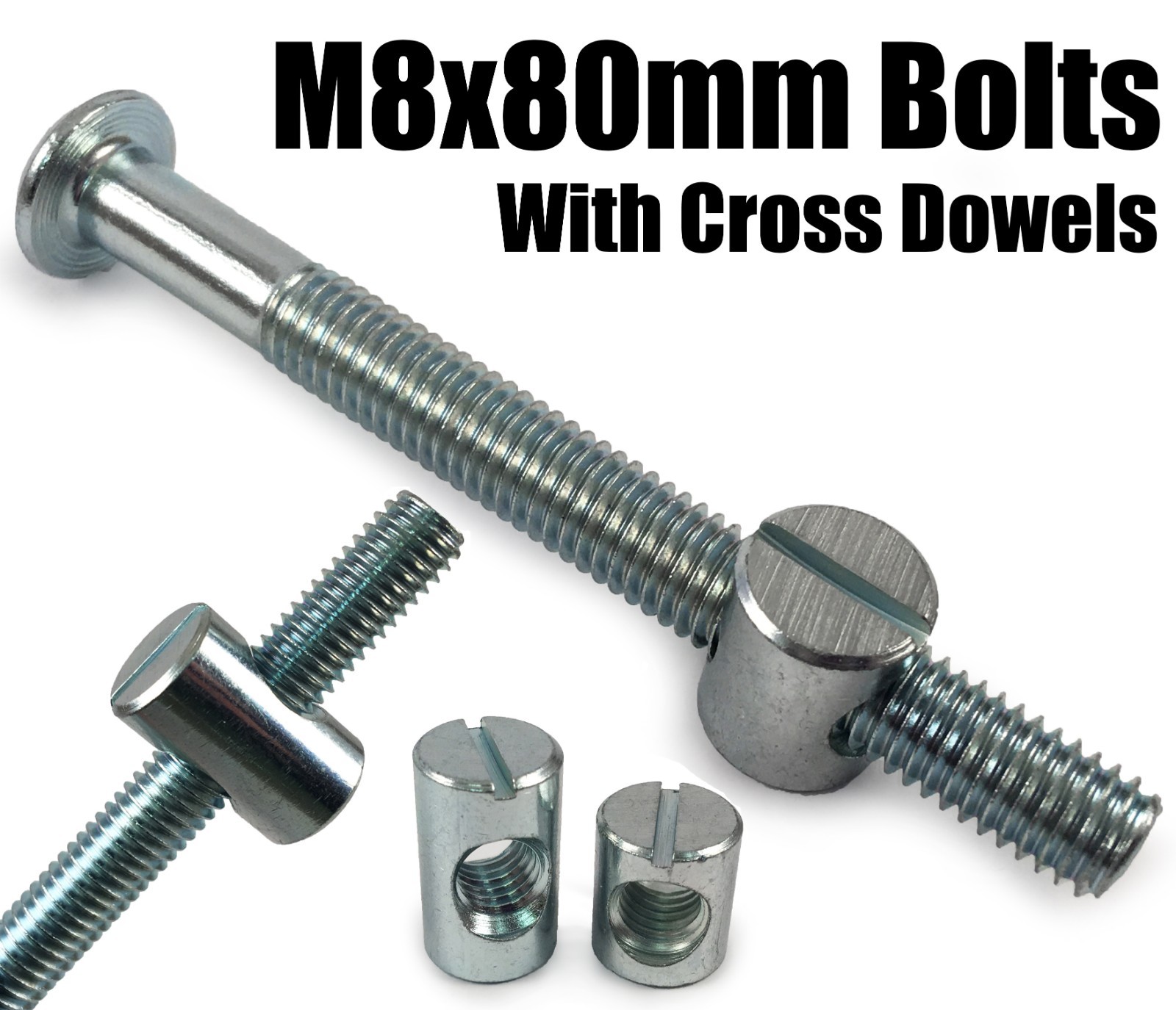 M8 x 80mm Furniture Connector Bolts & Cross Dowel Barrel Nuts Unit Bed ...