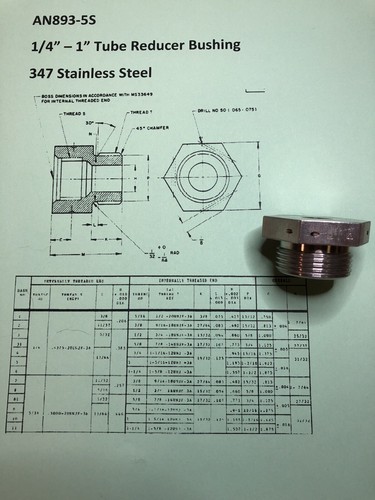 AN893-5S 1/4 To 1” Reducer Bushing w/ Lockwire Holes, 347SS Stainless ...