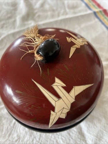 Antique Lacquer Box Origami Cranes Japanese Powder Trinket Tassel VTG ...