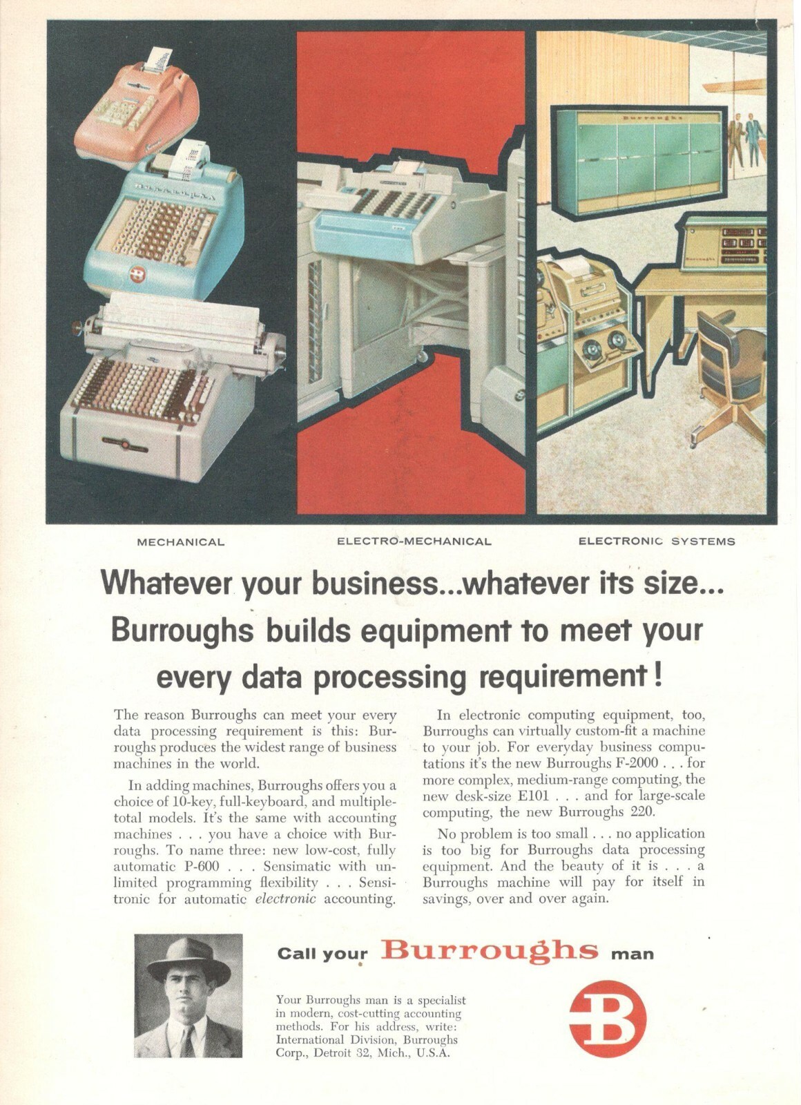 BURROUGHS 220 electronic system electro mechanical Pubblicità 1 pagina ...