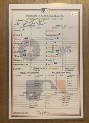 Tampa Bay Rays at Houston Astros Game Used Lineup Card 10/01/22 ...