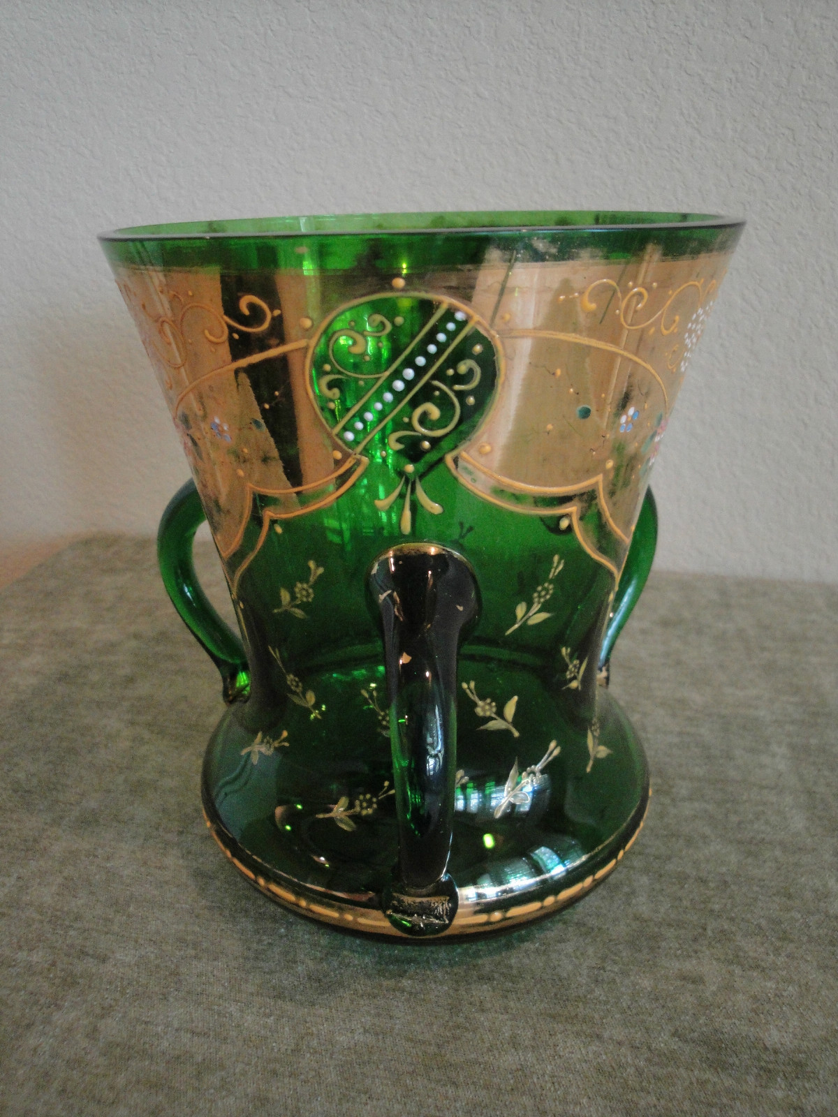 SIGNED GREEN MOSER GLASS THREE-HANDLED LOVING CUP W/ GILT & ENAMEL ...