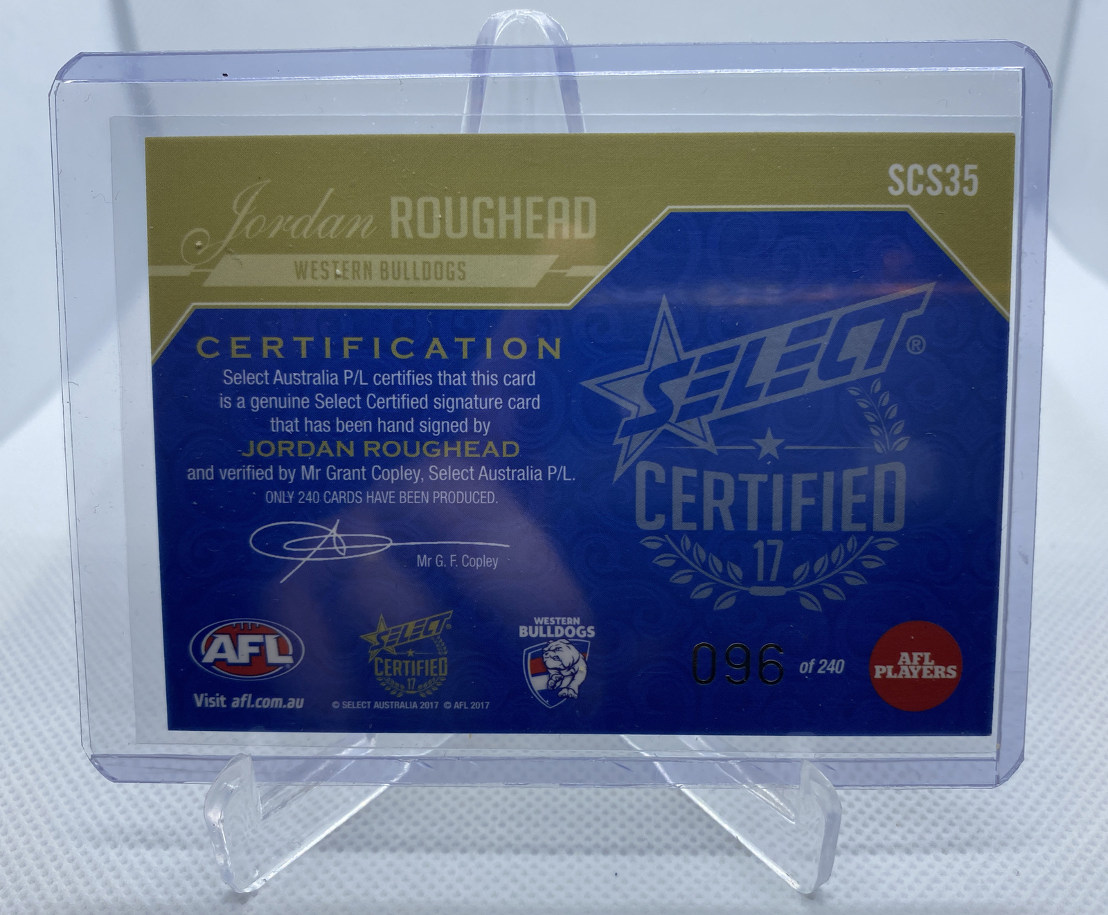 2017 AFL Select CERTIFIED SIGNATURE JORDAN ROUGHEAD BULLDOGS CARD SCS35 ...