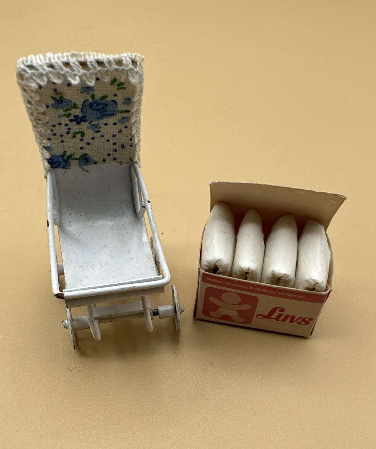 Vintage Miniature Luvs Box Pink Diapers W/Metal Buggy Nursery Baby ...