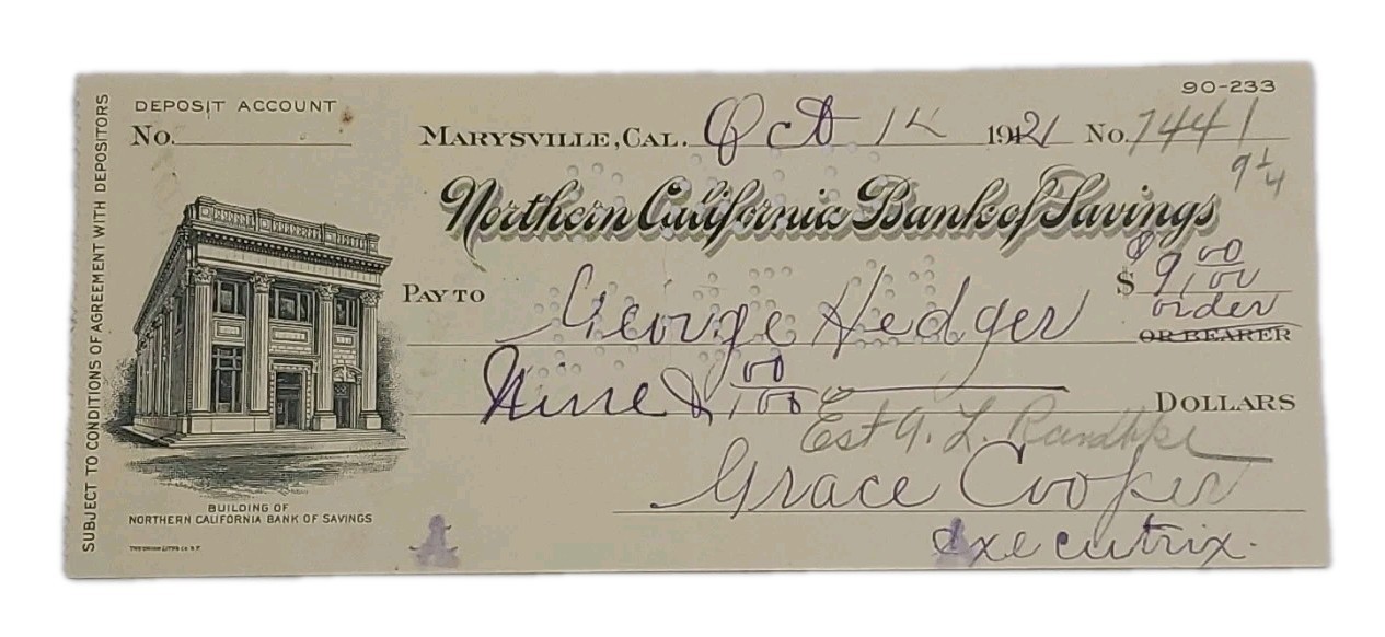 1921 Bank Check: Northern California Bank of Savings, Marysville, CA ...