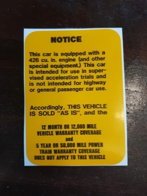 426 HEMI Plymouth Dodge Super Stock Race "AS IS" Glove Box Decal Mopar ...