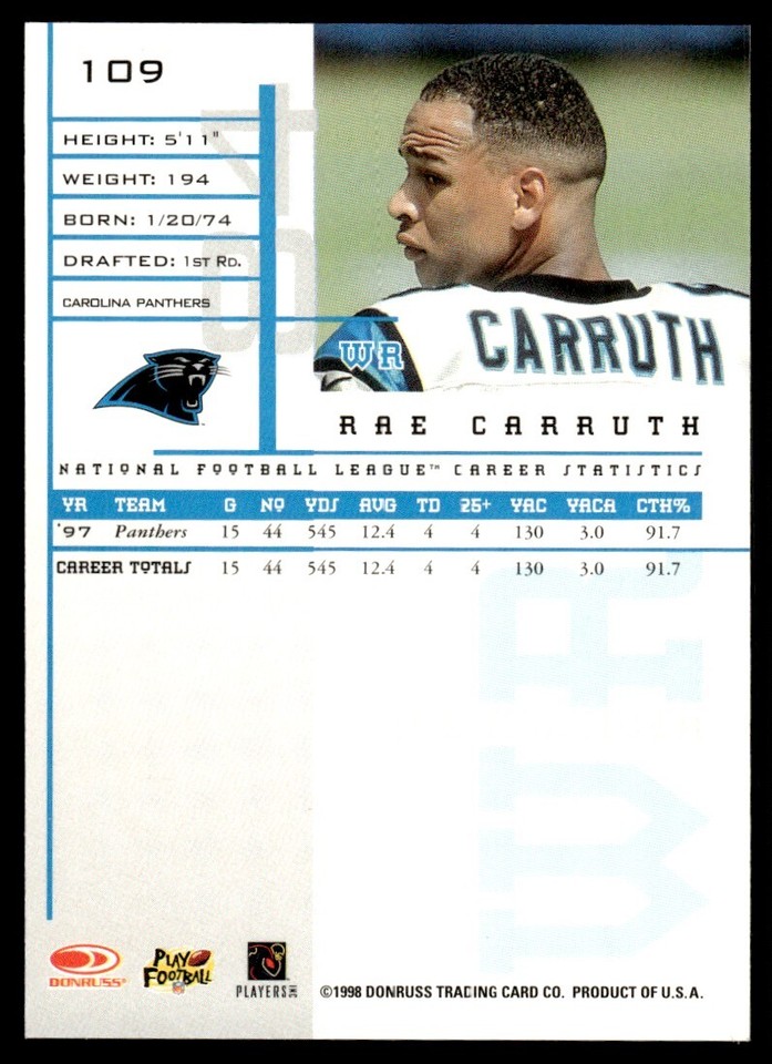 1998 Leaf Rookies & Stars #109 Rae Carruth - Carolina Panthers | eBay
