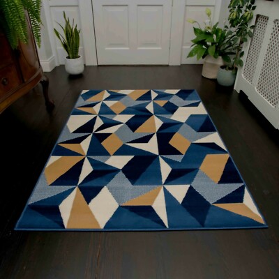 Navy Blue Geometric Rug for Living Room | Grey Stylish Extra Long ...