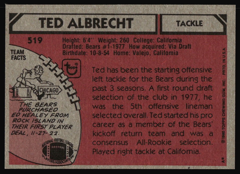 1980 Topps Ted Albrecht #519 Chicago Bears | eBay
