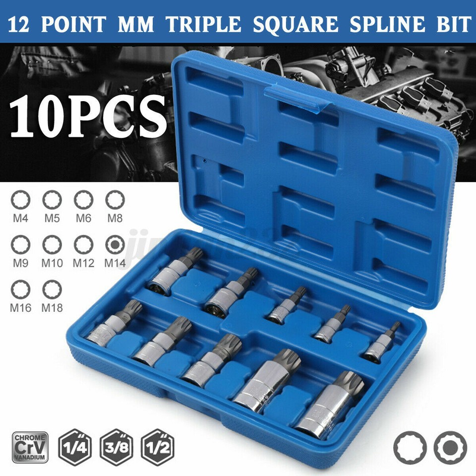 10pc Bit Socket Set XZN 12 Point MM Triple Square Spline Tamper Proof ...