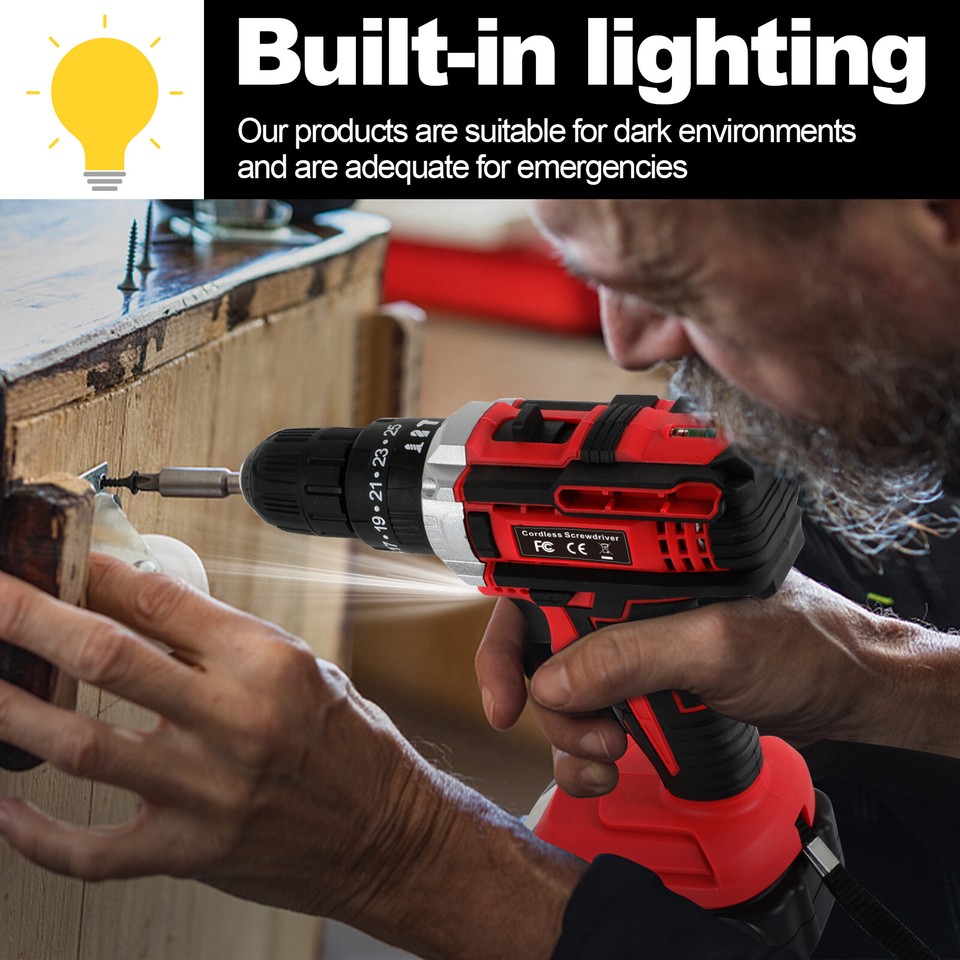 18V Cordless Drill Combi Driver Electric Screwdriver Set with 2 Battery ...