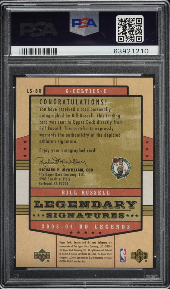 2003 UD Legends Bill Russell Auto Legendary HOF Celtics LS-BR Autograph ...