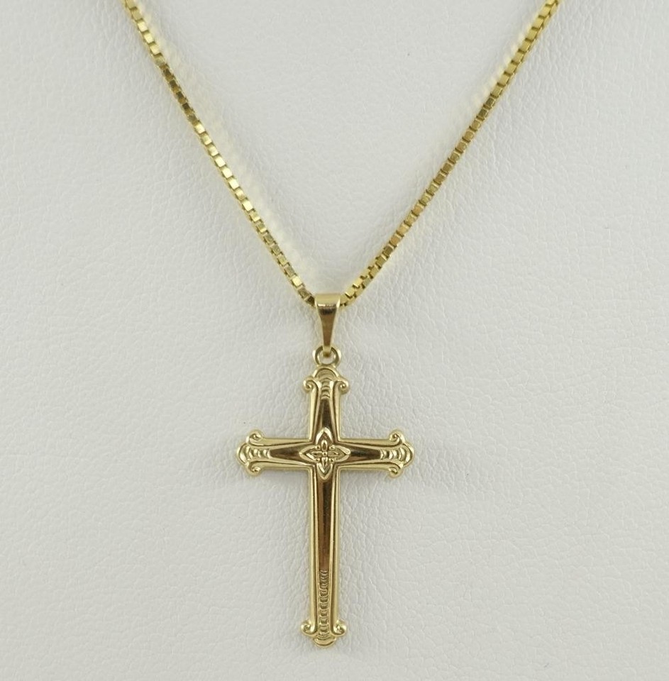 14K yellow gold ladies 20" box chain necklace w/ cross pendant NEW 4.3g ...