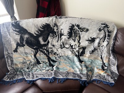 Velveteen Tapestry Running HORSES Vintage w/original SWAN TAG Fringe ...