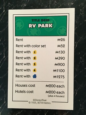 Monopoly TOY STORY RV PARK Title Deed Card Replacement Game Piece 2018 ...