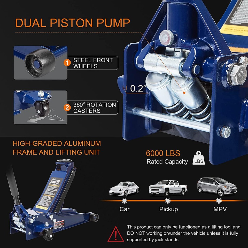 TCE 3 Ton Floor Jack Ultra Dual Pump Low Profile Heavy Duty Steel ...