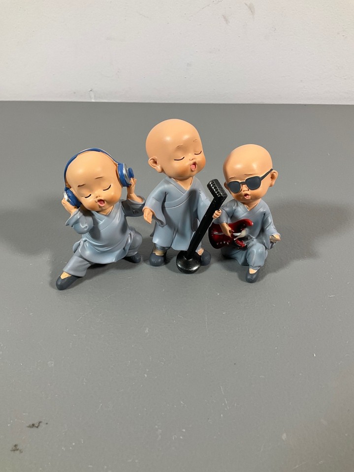 3PCS Buddha Monk Figurine Statue Showpieces, Cute Music Monk Sculpture ...