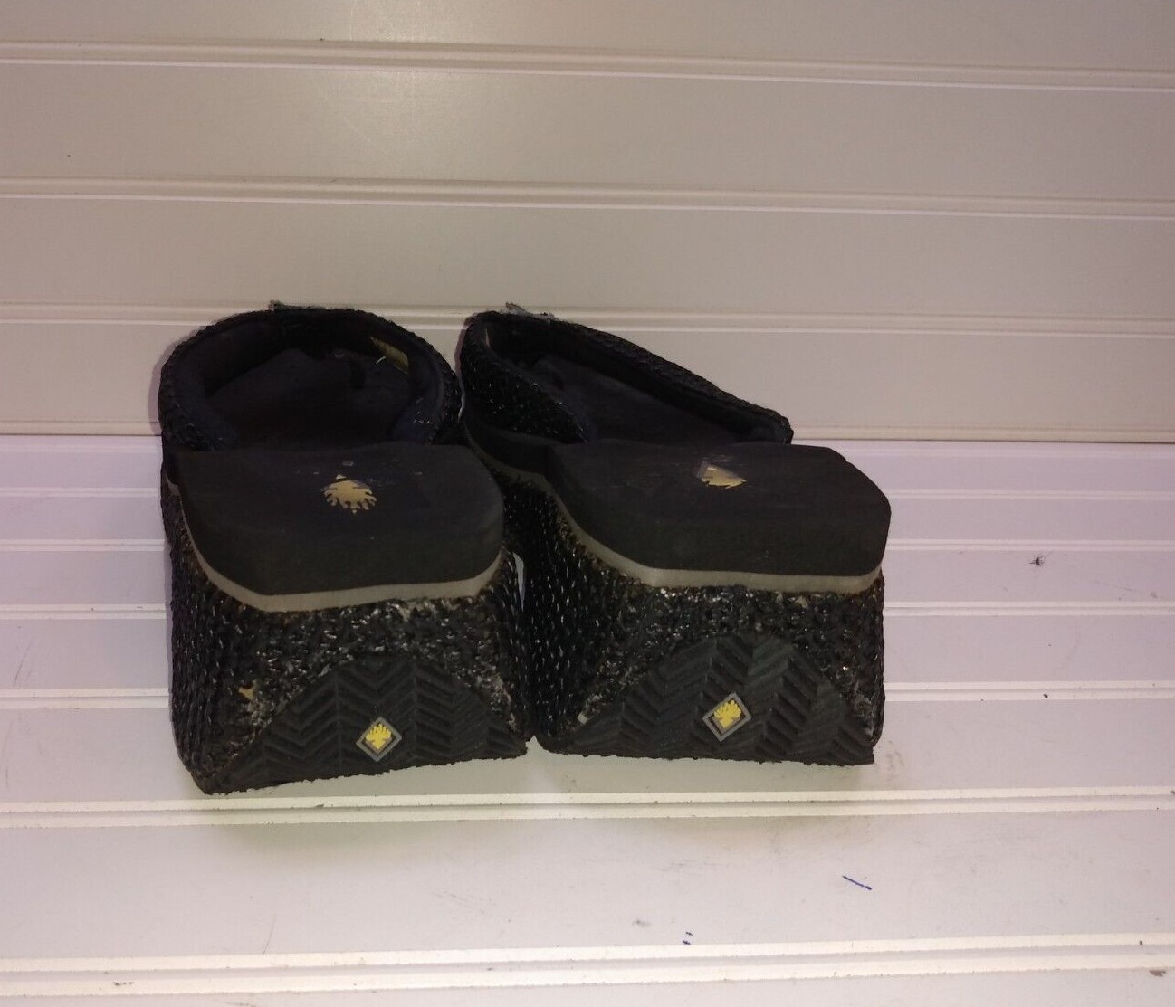 Volatile Black Textile Ruffia Platform Wedge Thong Sa… - Gem