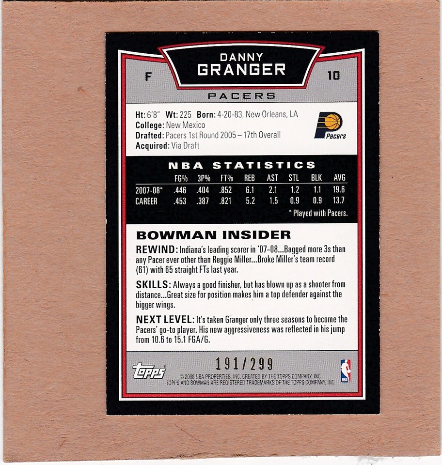 2008-09 Bowman Draft Picks & Stars Orange 191/299 Danny Granger #10 NM ...