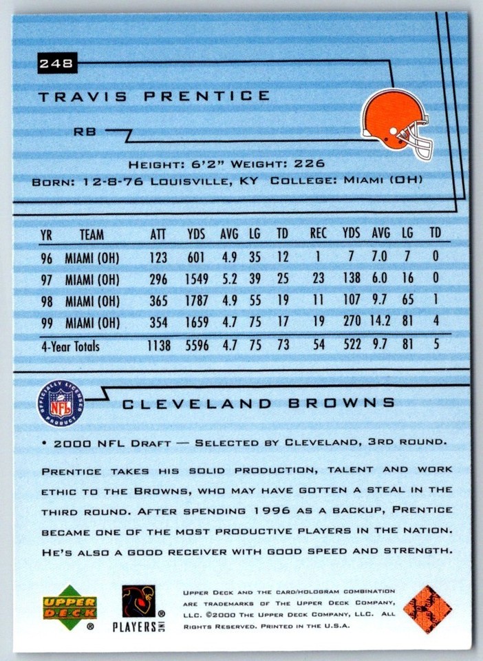 2000 Upper Deck Travis Prentice #248 Cleveland Browns Football Card | eBay