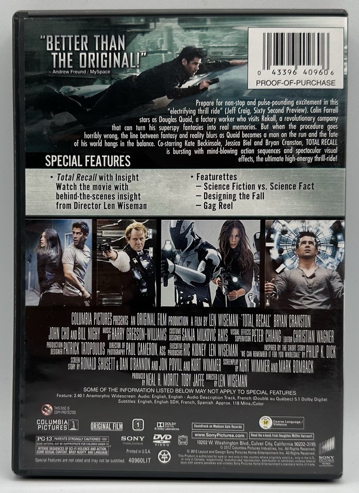 Total Recall DVD Widescreen Colin Farrell Kate Beckinsale Jessica Bell ...