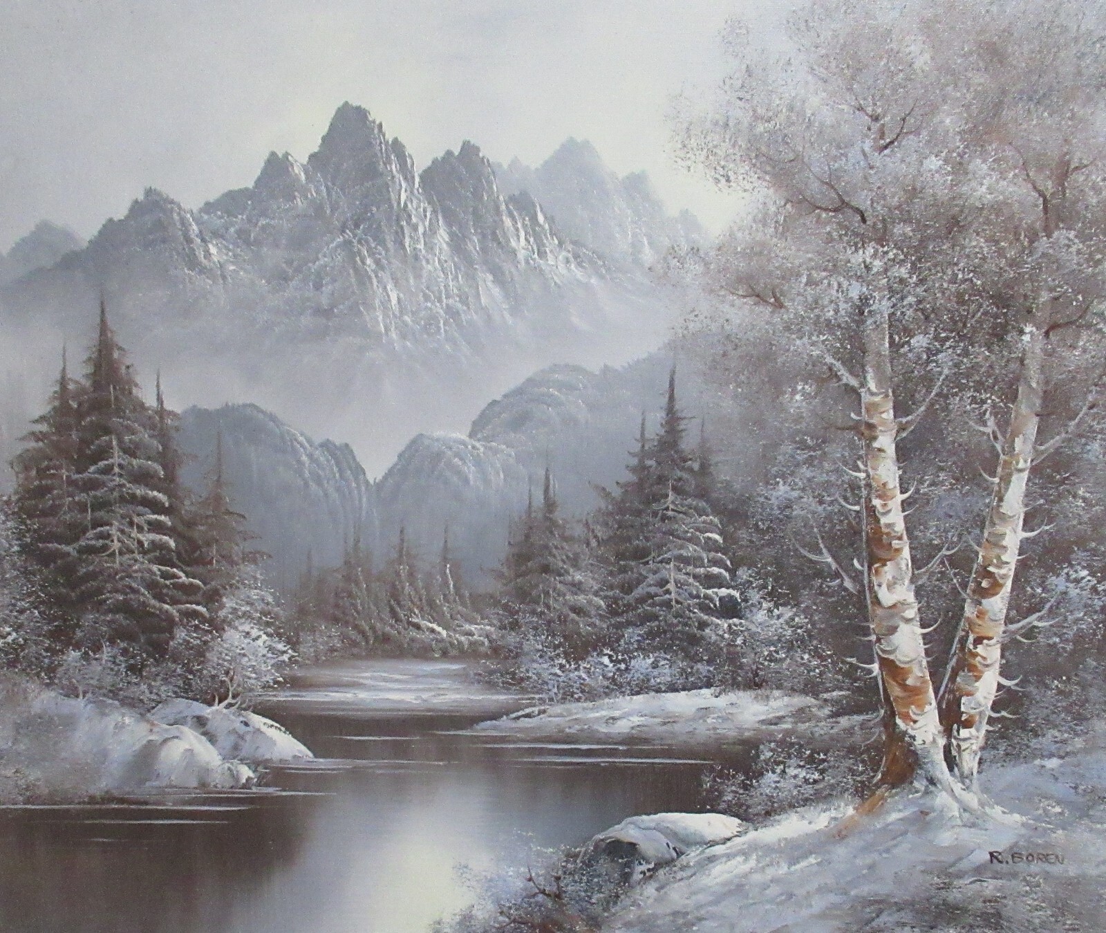 R.BOREN OIL ON CANVAS SNOW MOUNTAIN RIVER LANDSCAPE PAINTING | eBay