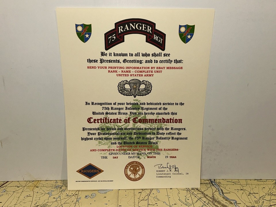 U.S. ARMY RANGER - 75TH INFANTRY REGIMENT / CERTIFICATE OF COMMENDATION ...