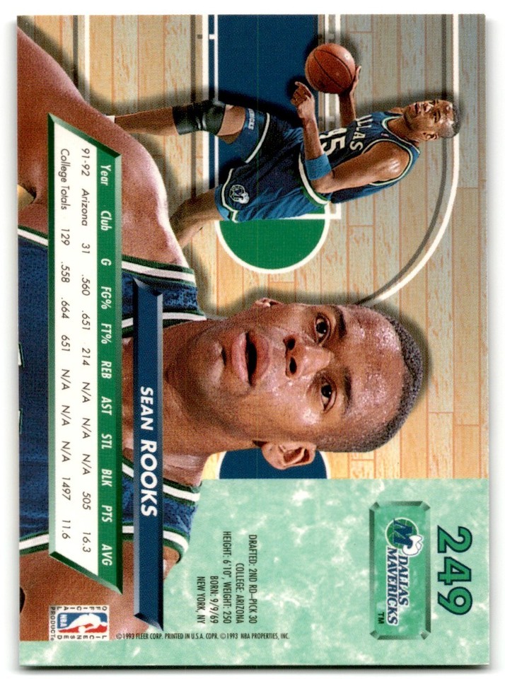 1993-94 Ultra Fleer Rookie Card Sean Rooks Rookie Dallas Mavericks #249 ...