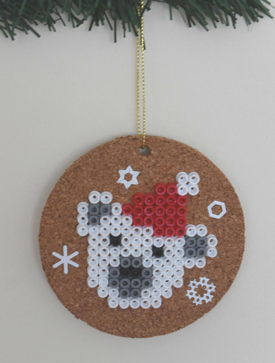 Hama bead polar bear with santa hat ornament on a cork disc, christmas ...
