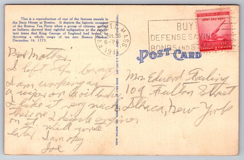 Boston Tea Party 1773 Vintage Postcard - State House Mural Reproduction ...