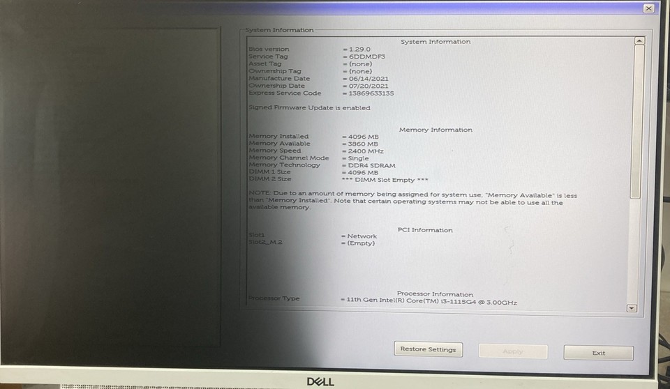 DELL Inspiron 5400 AIO i3-1115G4 3.0GHz 4 GB RAM no HDD Bad screen boot ...